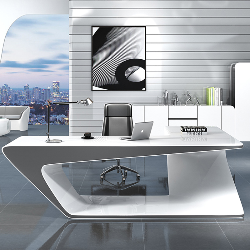 White and Light Gray L Executive Office Desk Table-Onebest Furniture